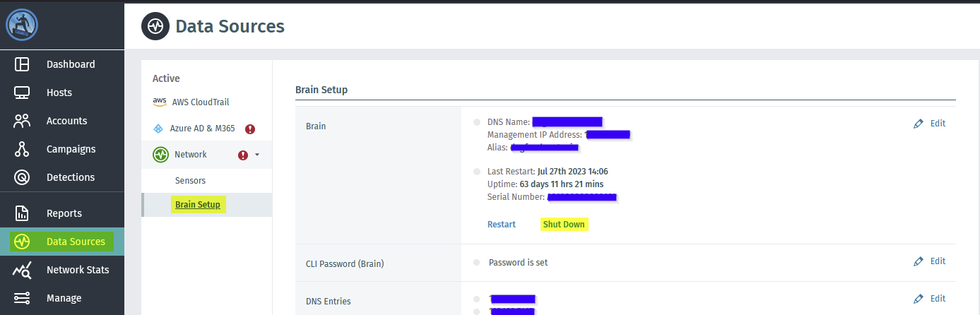 Gracefully shutdown Vectra Brain or Sensor