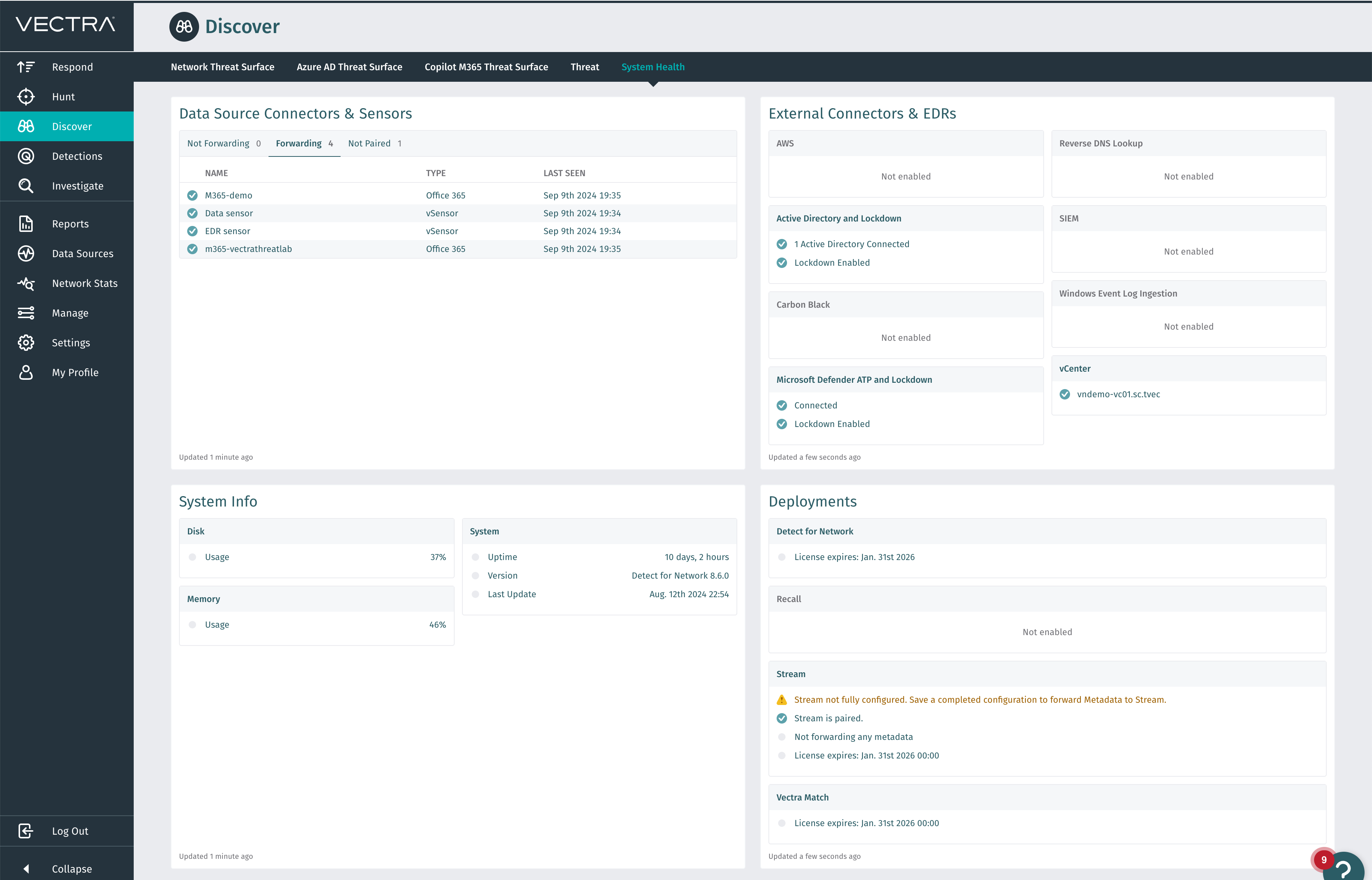 Monitoring the health of Vectra appliances