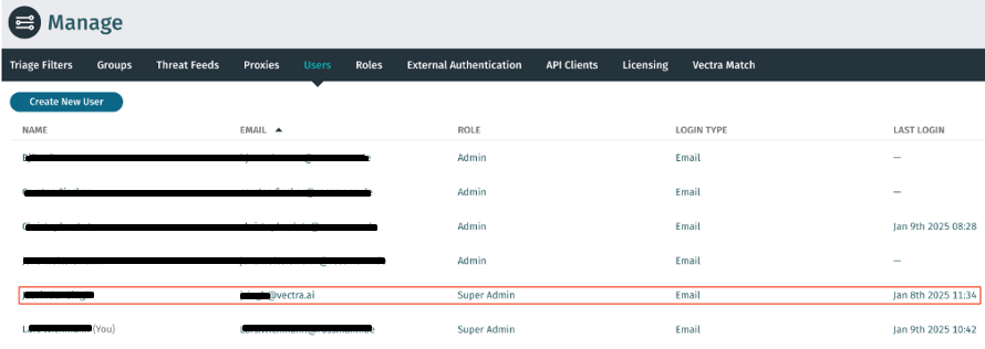Vectra Support user(super admin) visible in Respond UX after the RUX migration