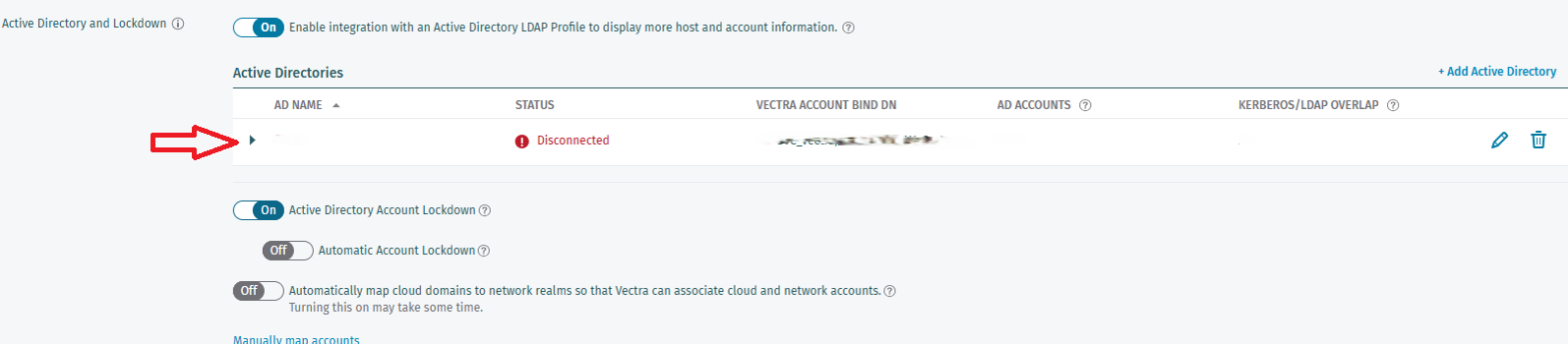 Active Directory Account Lockdown status "disconnected"