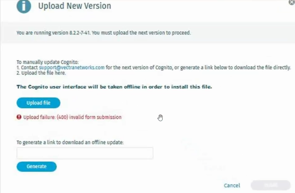 Upload failure: (400) invalid form submission During Offline Upgrade